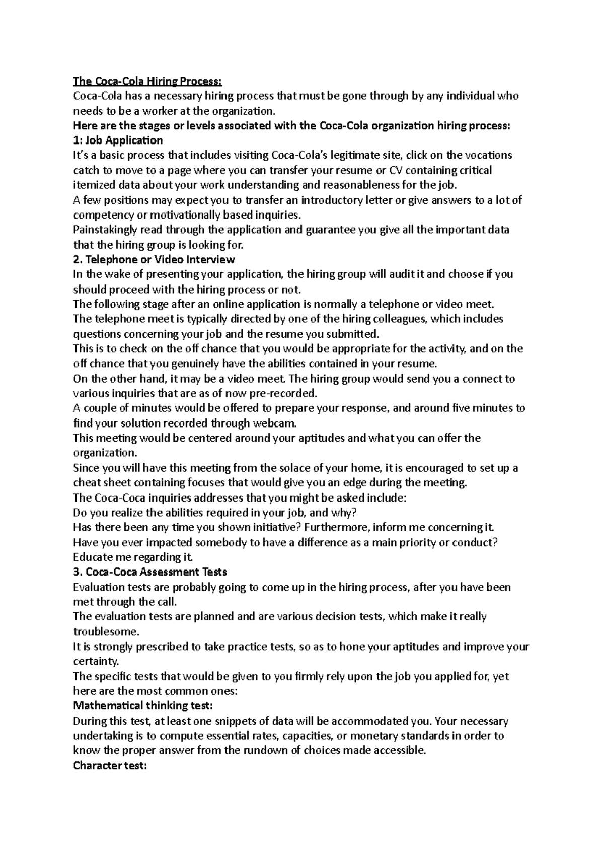 The Coca - description for an MNE - The Coca-Cola Hiring Process: Coca ...