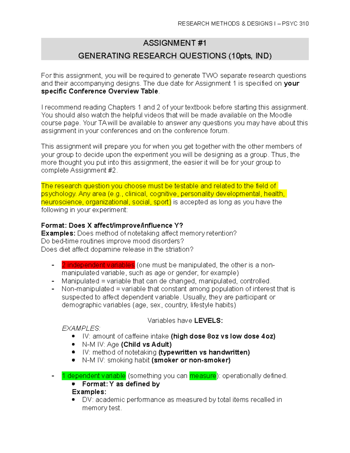 Assignment 1 - Generating Research Questions - RESEARCH METHODS & DESIGNS I – PSYC 310 - Studocu