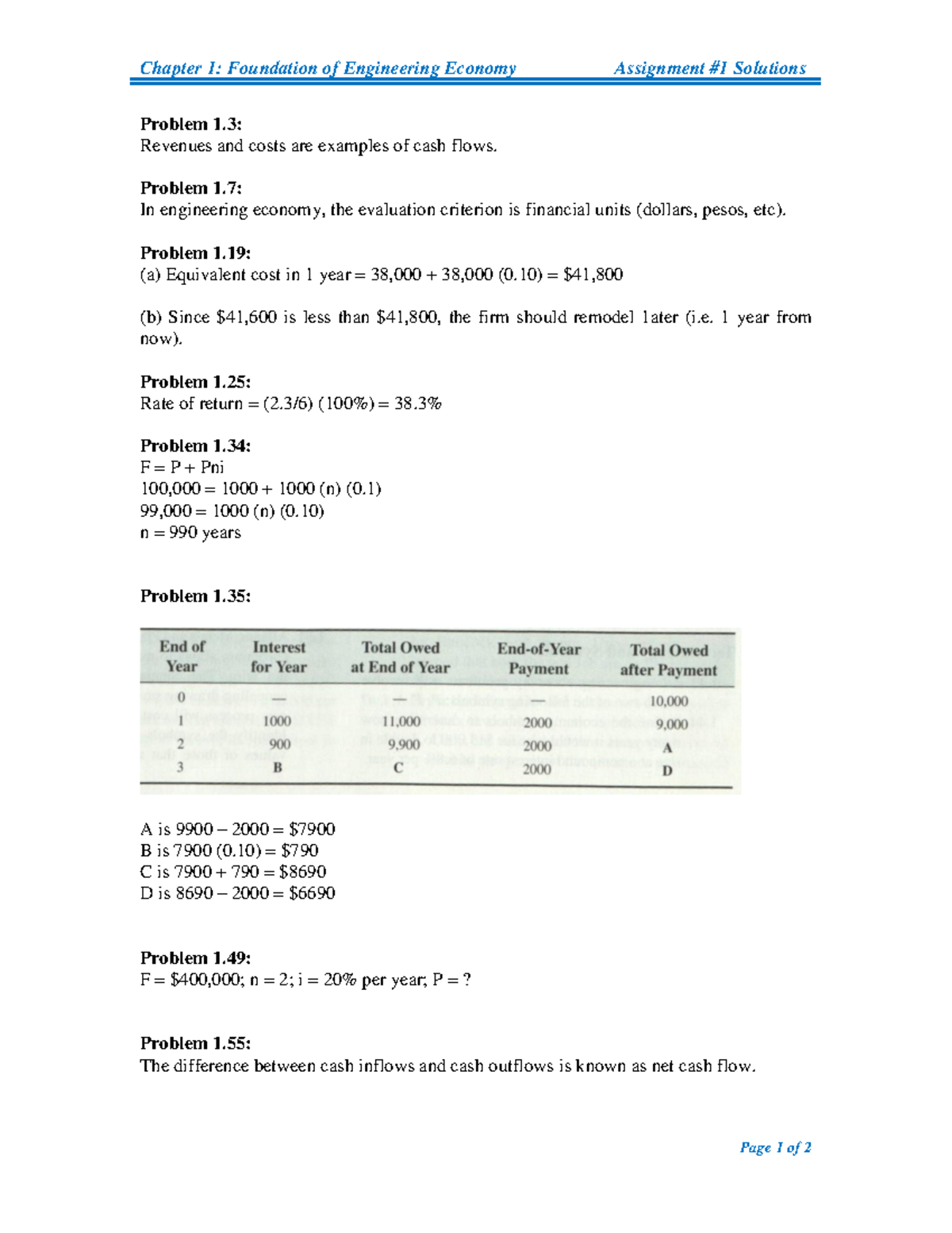 Assignment #1 solutions - Chapter 1: Foundation of Engineering Economy ...