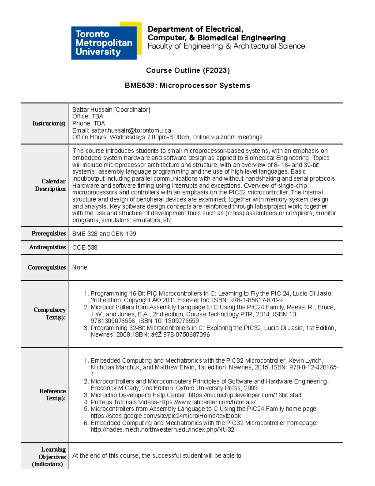 BME538 course outline - Summary Microprocessors - Course Outline (F2023) BME538: Microprocessor ...