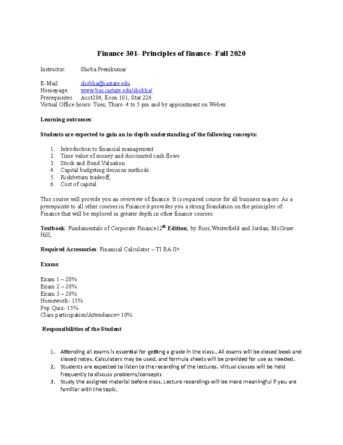 Fin 301 Class schedule 2 - Finance 301- Principles of finance- Fall ...