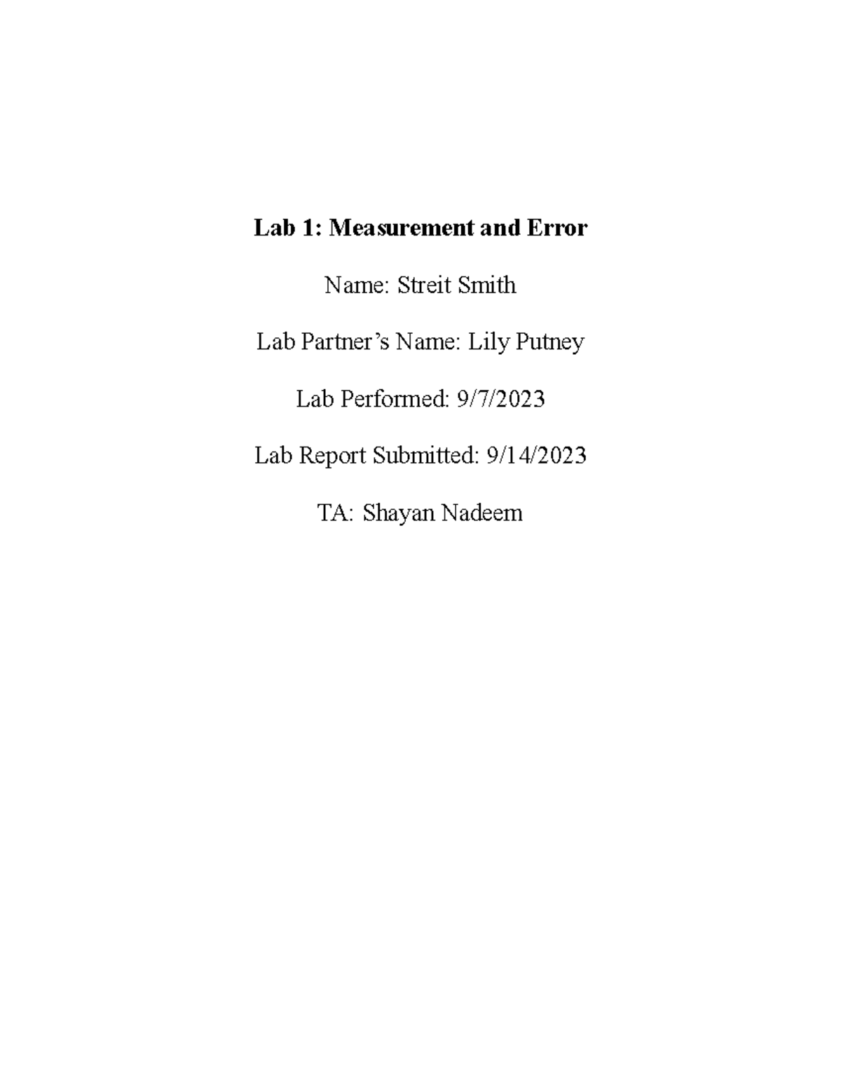 Lab 1 Measurement and Error - Lab 1: Measurement and Error Name: Streit ...