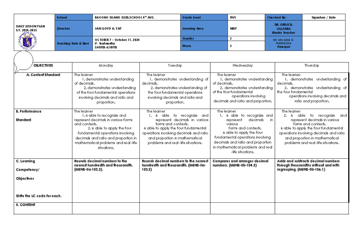 Q2 W2 NMP - NMP-LP - DAILY LESSON PLAN S. 2024- School BAGONG SILANG ...