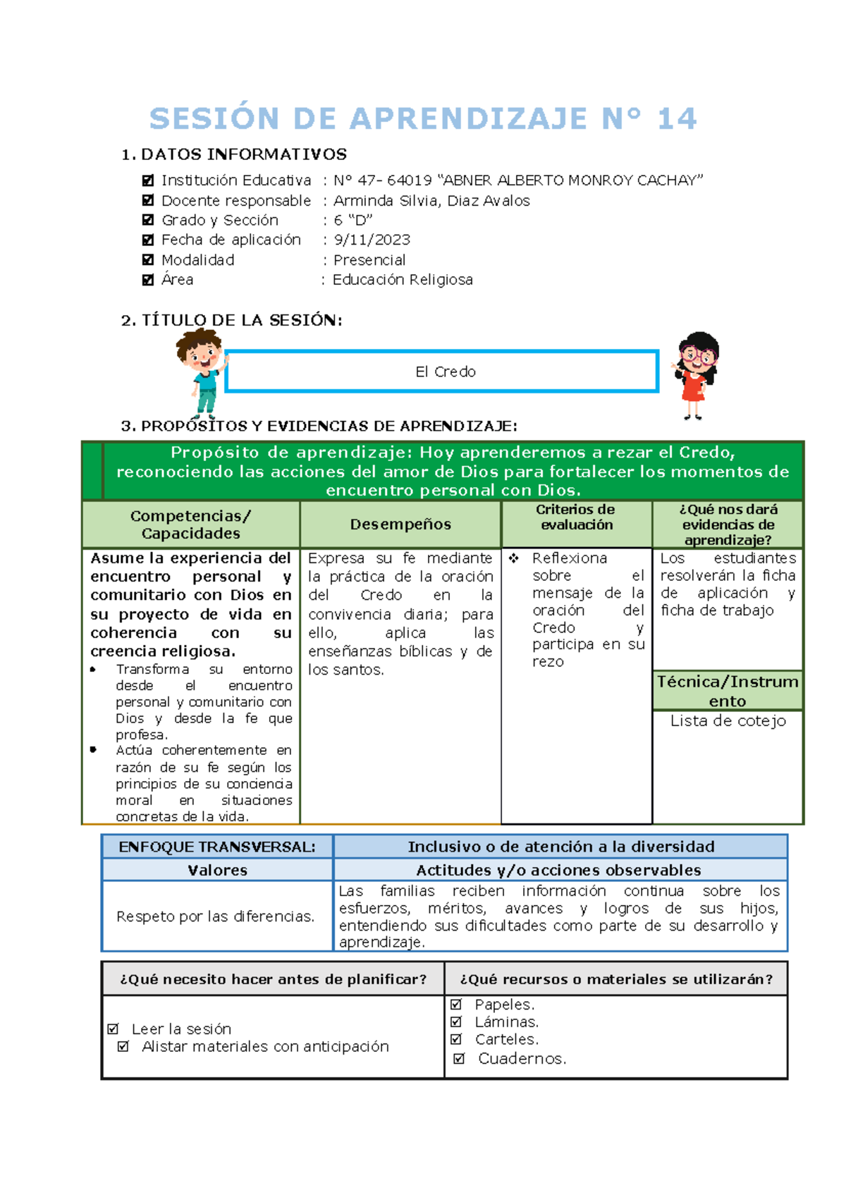 Sesión DE Aprendizaje N14 el credo - SESIÓN DE APRENDIZAJE N° 14 1. DATOS INFORMATIVOS ...