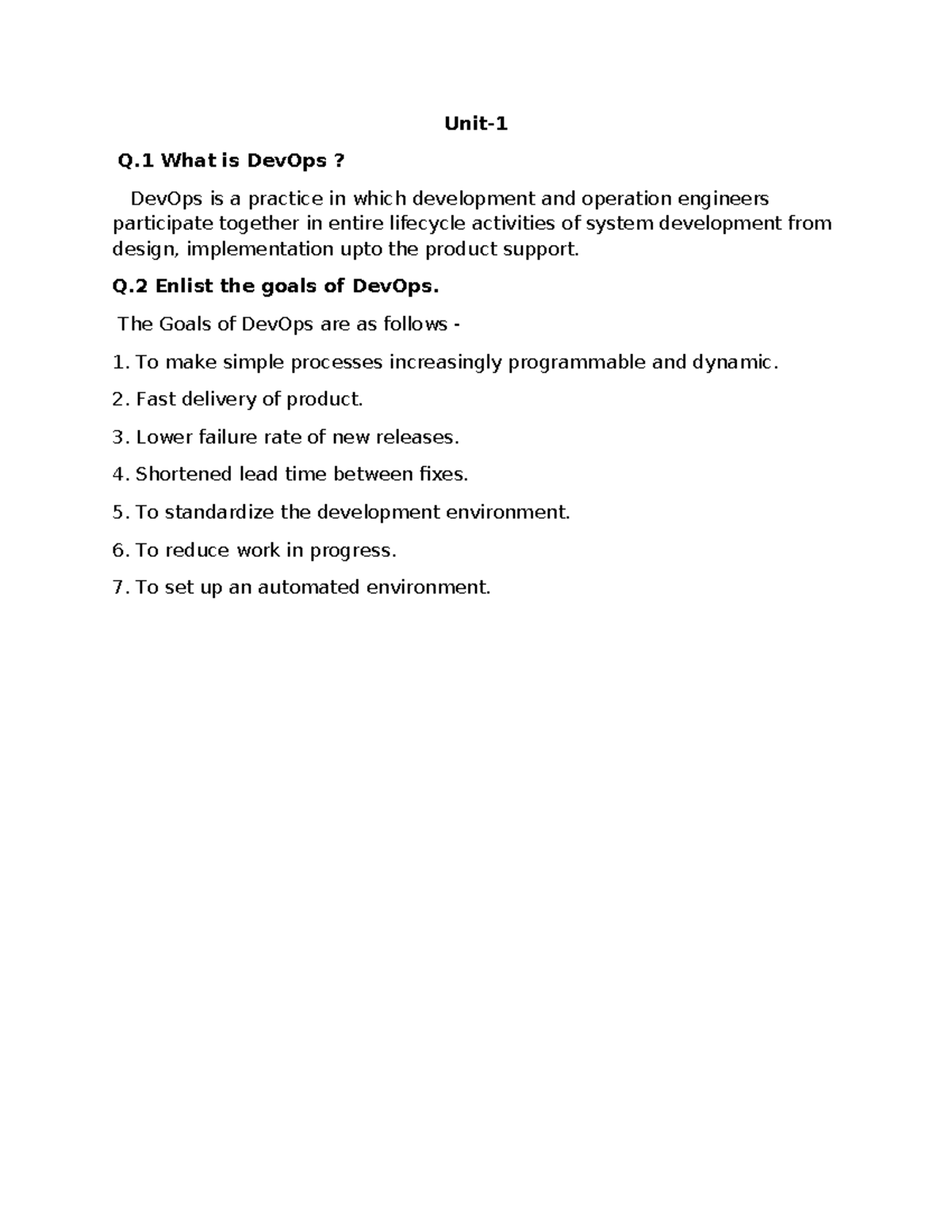 Devops two marks - Tow mark - Unit- Q What is DevOps? DevOps is a ...