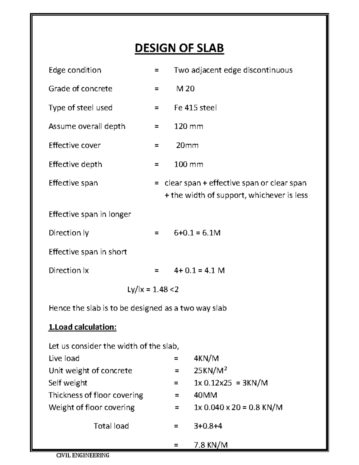 Design OF SLAB - DESIGN OF SLAB Edge condition = Two adjacent edge ...