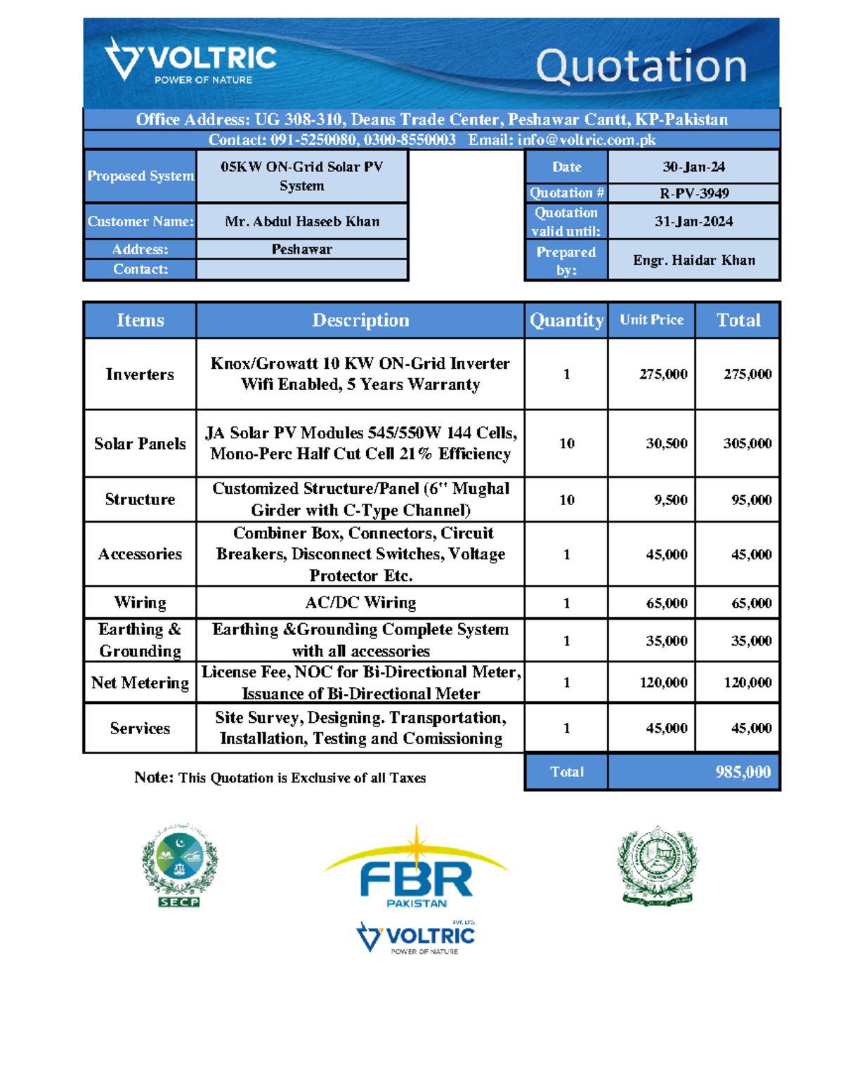 R-PV-3949 Mr. Abdul Haseeb Khan - Date Quotation Quotation valid until: 1 275,000 275, 10 30,500 ...