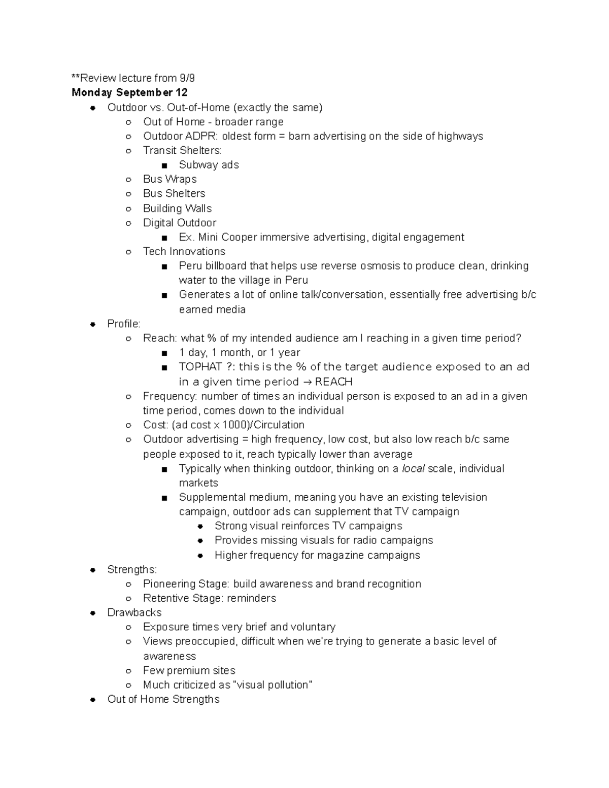 Principles Of Advertising Lecture Notes Unit 2 Lecture From Monday September 12 Outdoor Vs