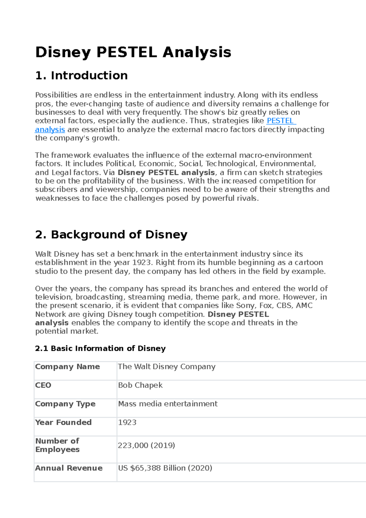 Disney Pestel Analysis - Disney PESTEL Analysis 1. Introduction ...