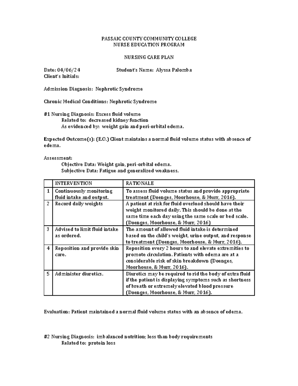 Peds care plan week 3 - Pediatric nursing care plan - PASSAIC COUNTY ...