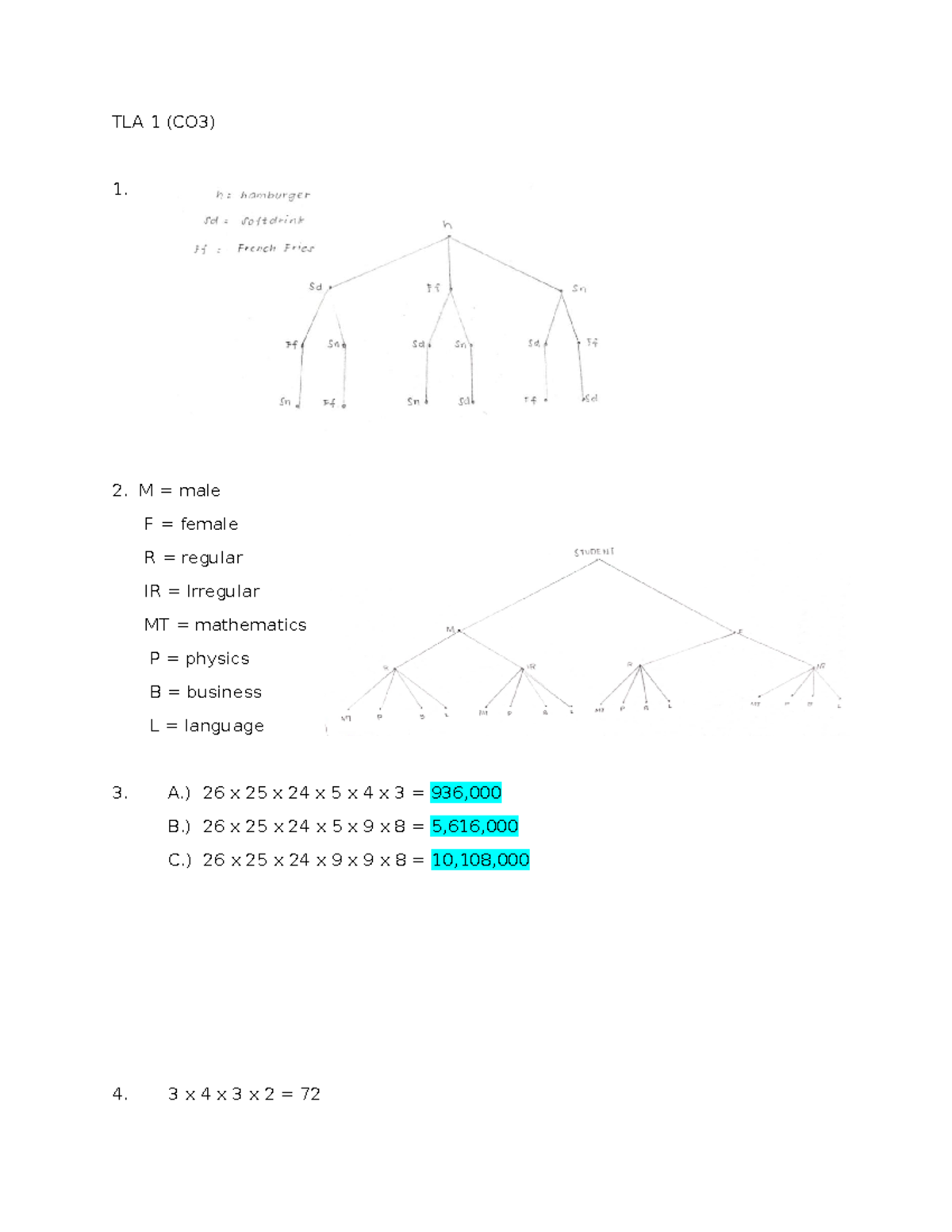 TLA 1 (CO3) - This well help you - TLA 1 (CO3) 1. M = male F = female R ...