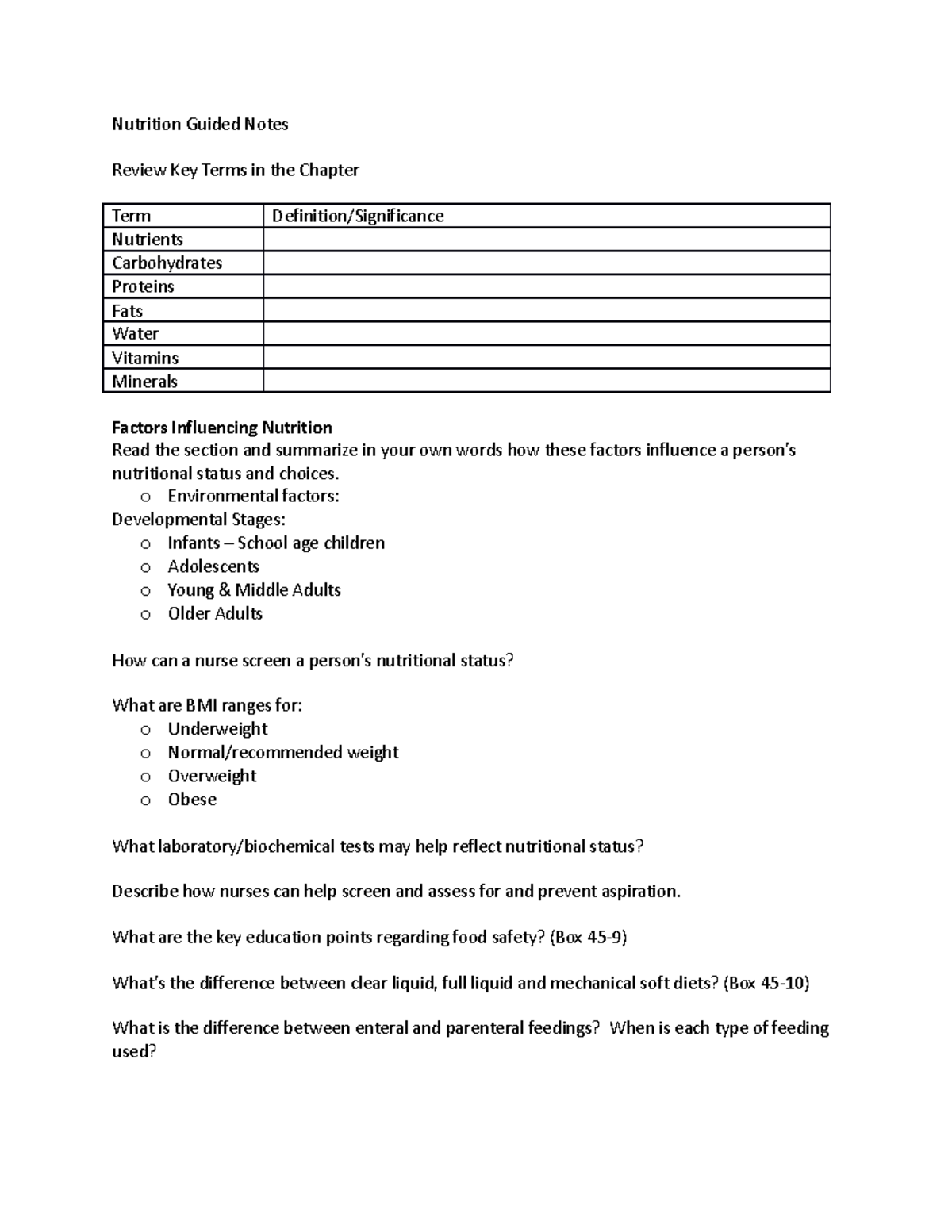 Nutrition Guided Notes - Nutrition Guided Notes Review Key Terms in the ...