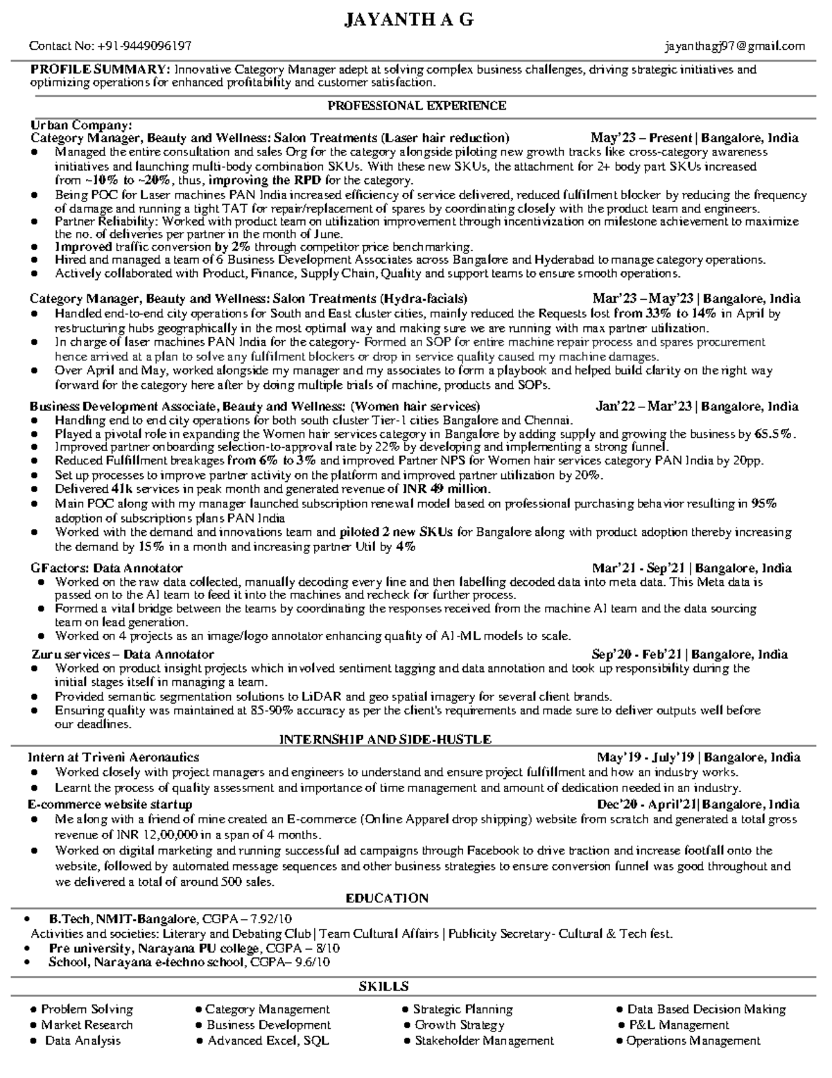 Jayanth AG resume - zmsx msx - JAYANTH A G Contact No: +91- 9449096197 jayanthagj97@gmail ...