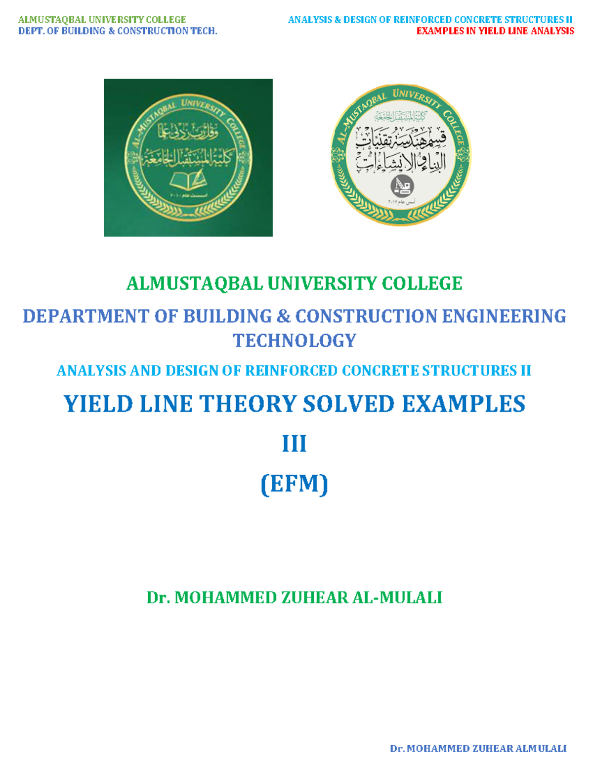 Yield LINE Theory Solved Examples III (EFM) - DEPT. OF BUILDING & CONSTRUCTION TECH. EXAMPLES IN ...