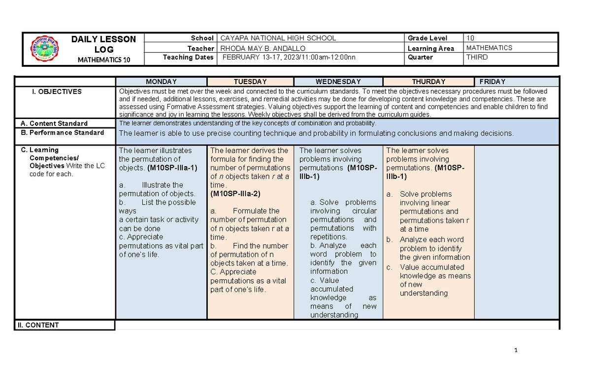 M10Q3W1 - DAILY LESSON LOG MATHEMATICS 10 School CAYAPA NATIONAL HIGH ...