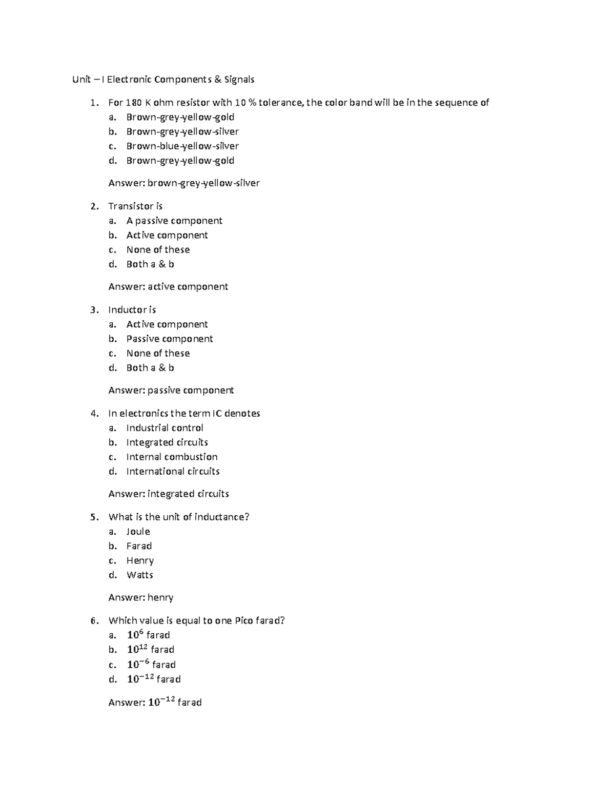 BEC unit 1 sem 2 pdf - Unit – I Electronic Components & Signals For 180 K ohm resistor with 10 % ...