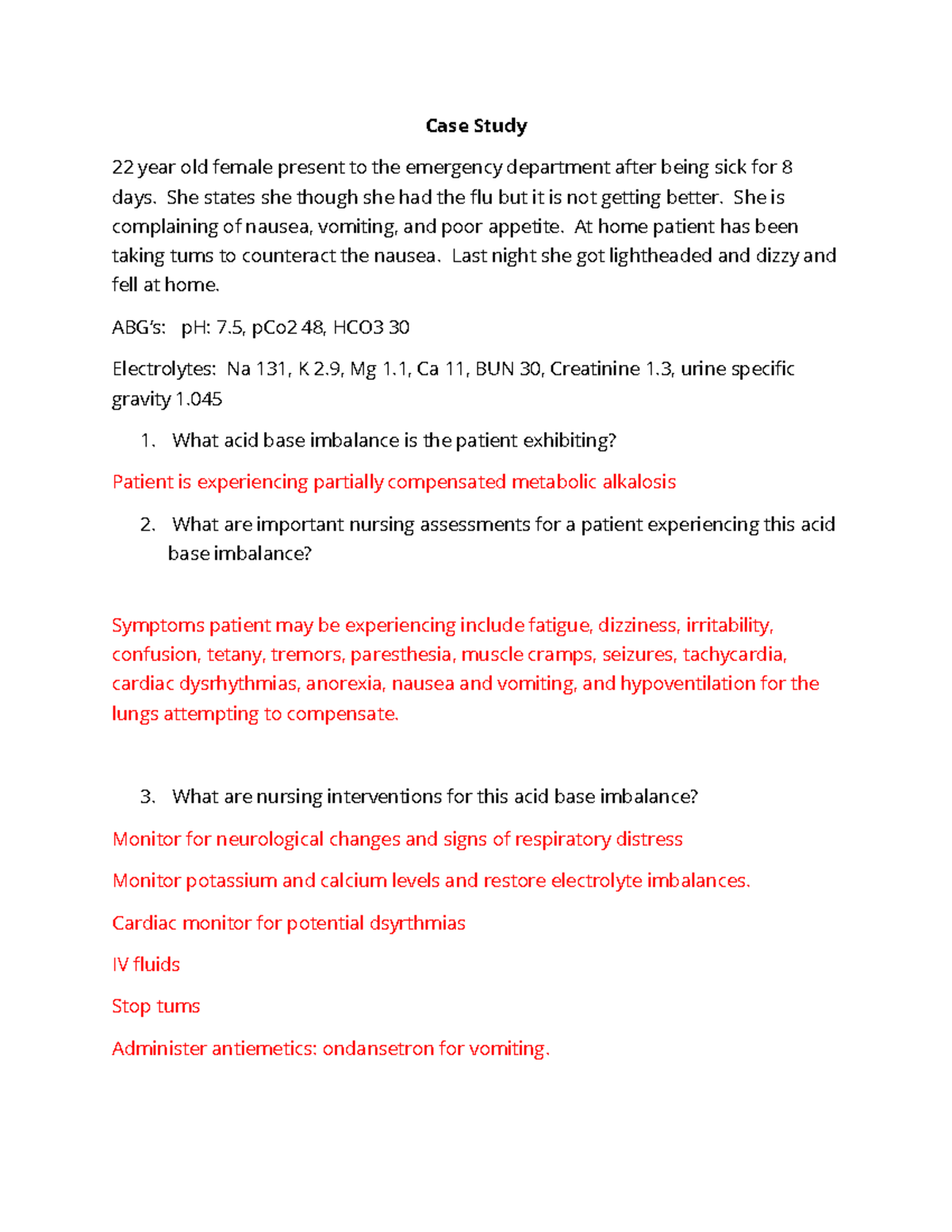 Acid Base Case Study answers - Case Study 22 year old female present to the emergency department ...