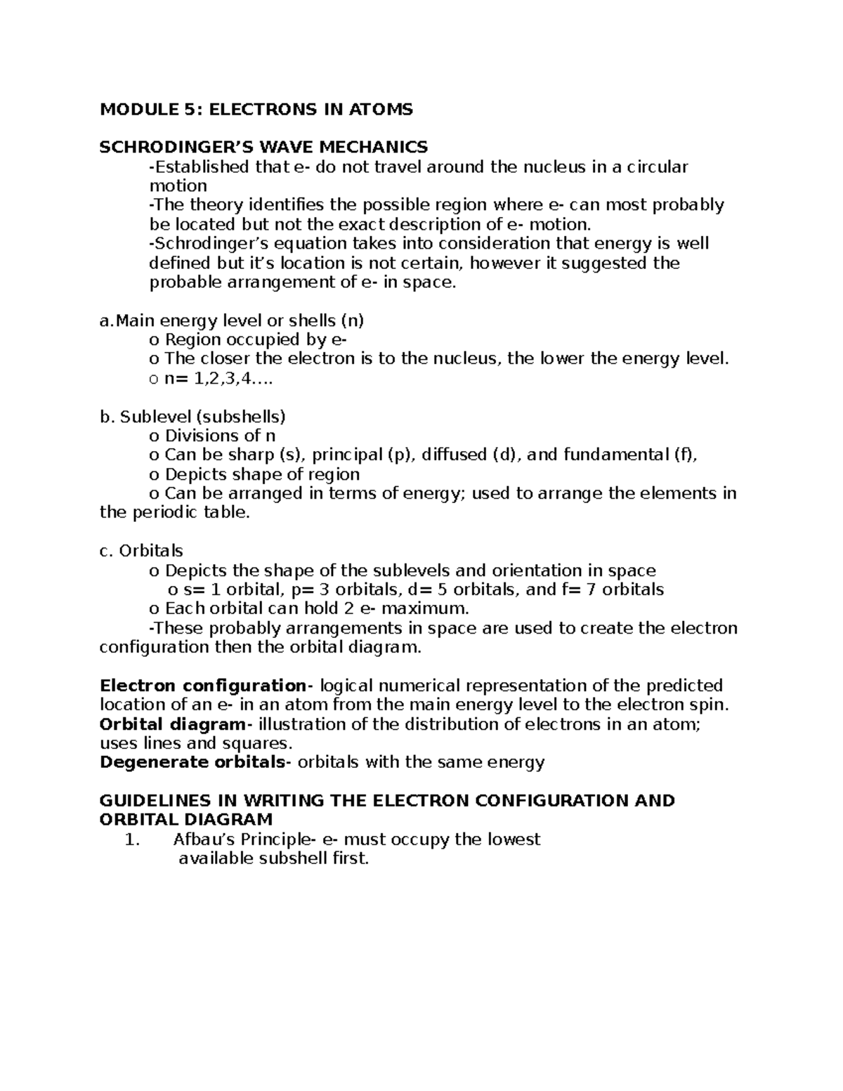 Module 5 - Chemistry - MODULE 5: ELECTRONS IN ATOMS SCHRODINGER’S WAVE ...