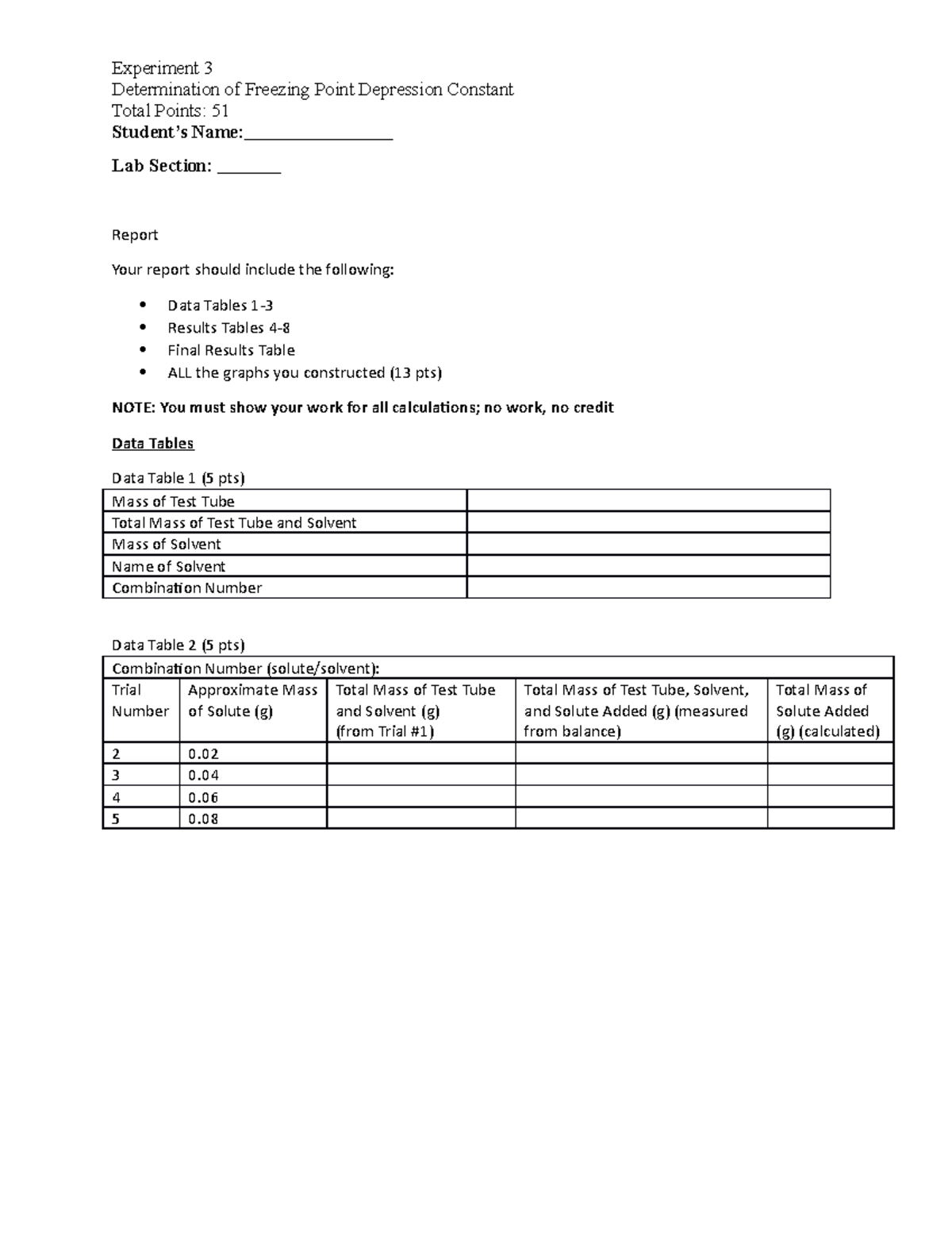 CHEM 110 L - Experiment 3 Freezing Point Depression - Determination of ...