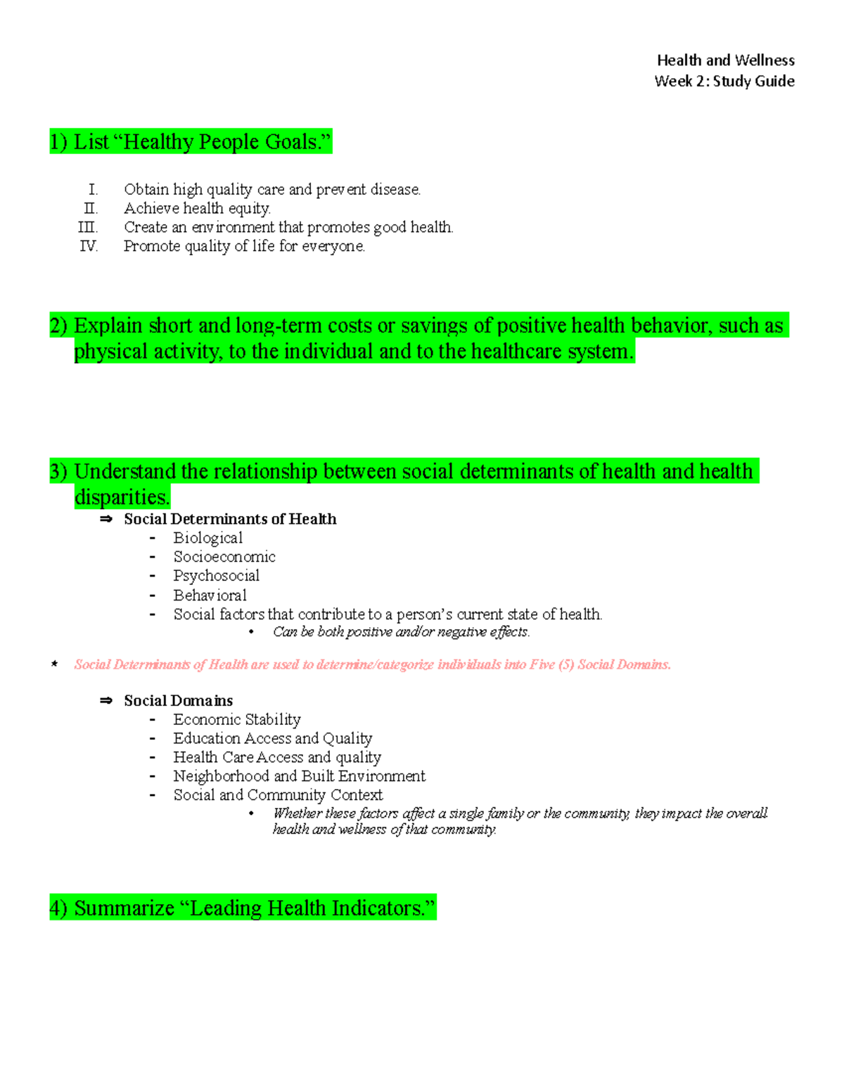 Week 2 Study Guide - Health and Wellness Week 2: Study Guide 1) List ...
