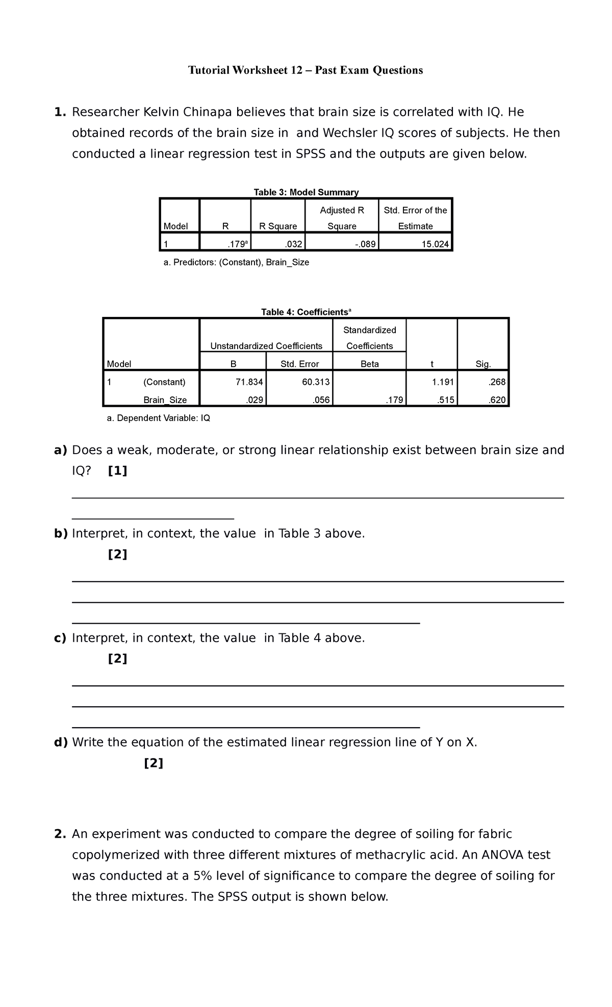 Tutorial Worksheet 12 - Practice questions to prepare for weekly quizzes - Tutorial Worksheet 12 ...