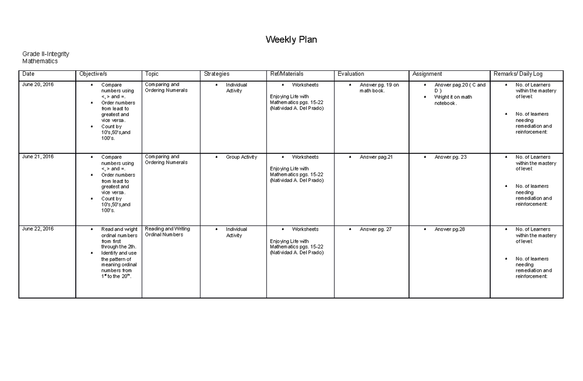 341085352-Week2-Math - Weekly Plan Grade II-Integrity Mathematics Date ...