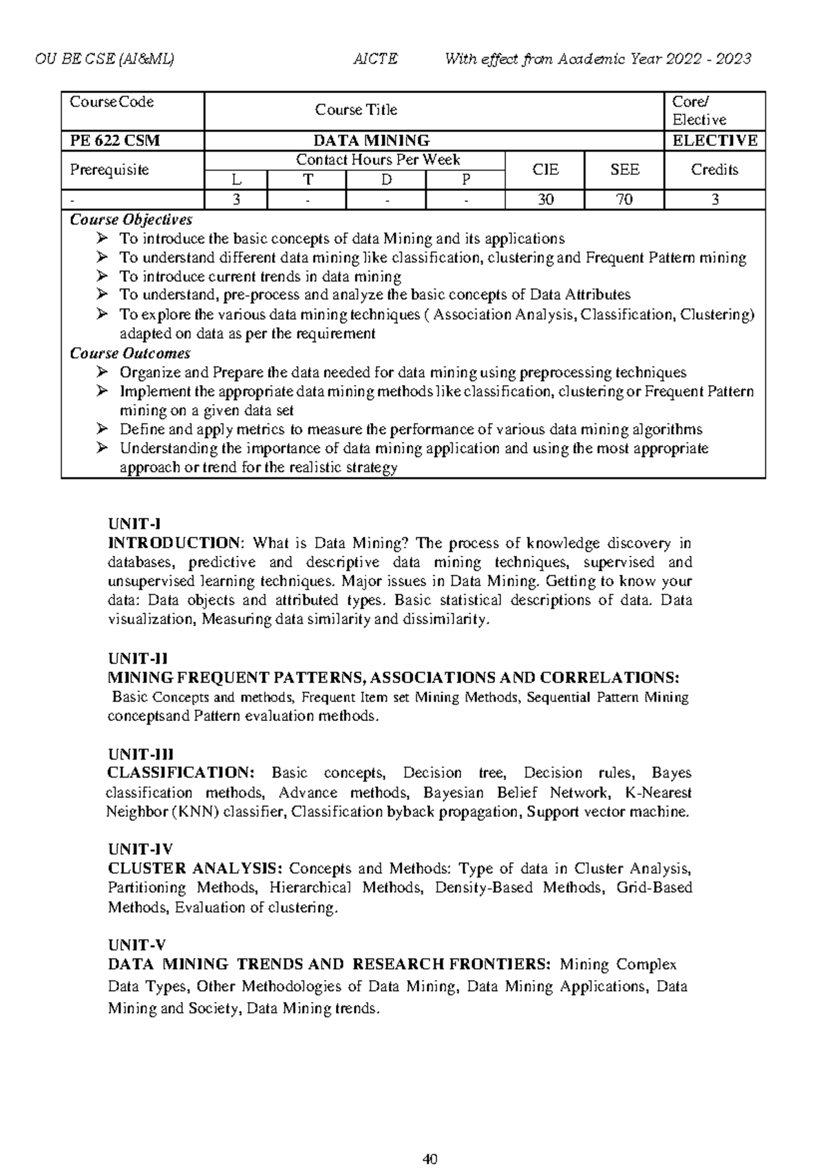 Data Mining Syllabus - GO THR - OU BE CSE (AI&ML) AICTE With effect from Academic Year 2022 ...