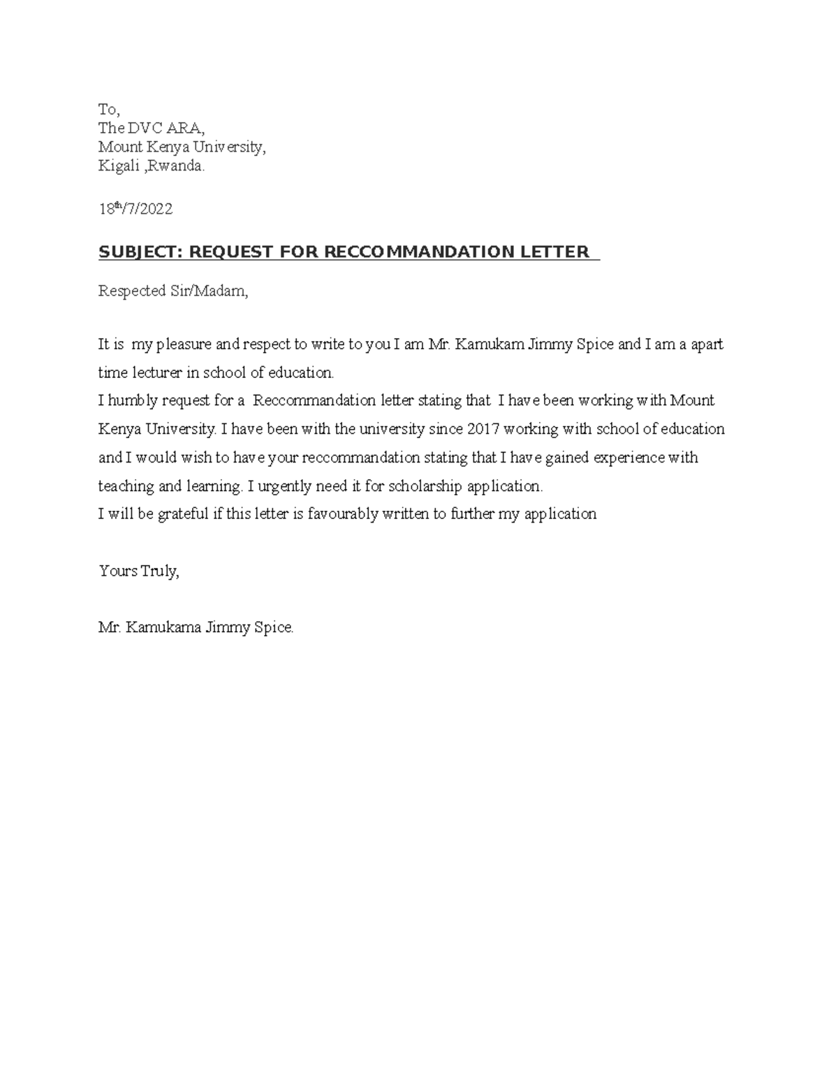 Reccommandation Letter to DVC - To, The DVC ARA, Mount Kenya University ...