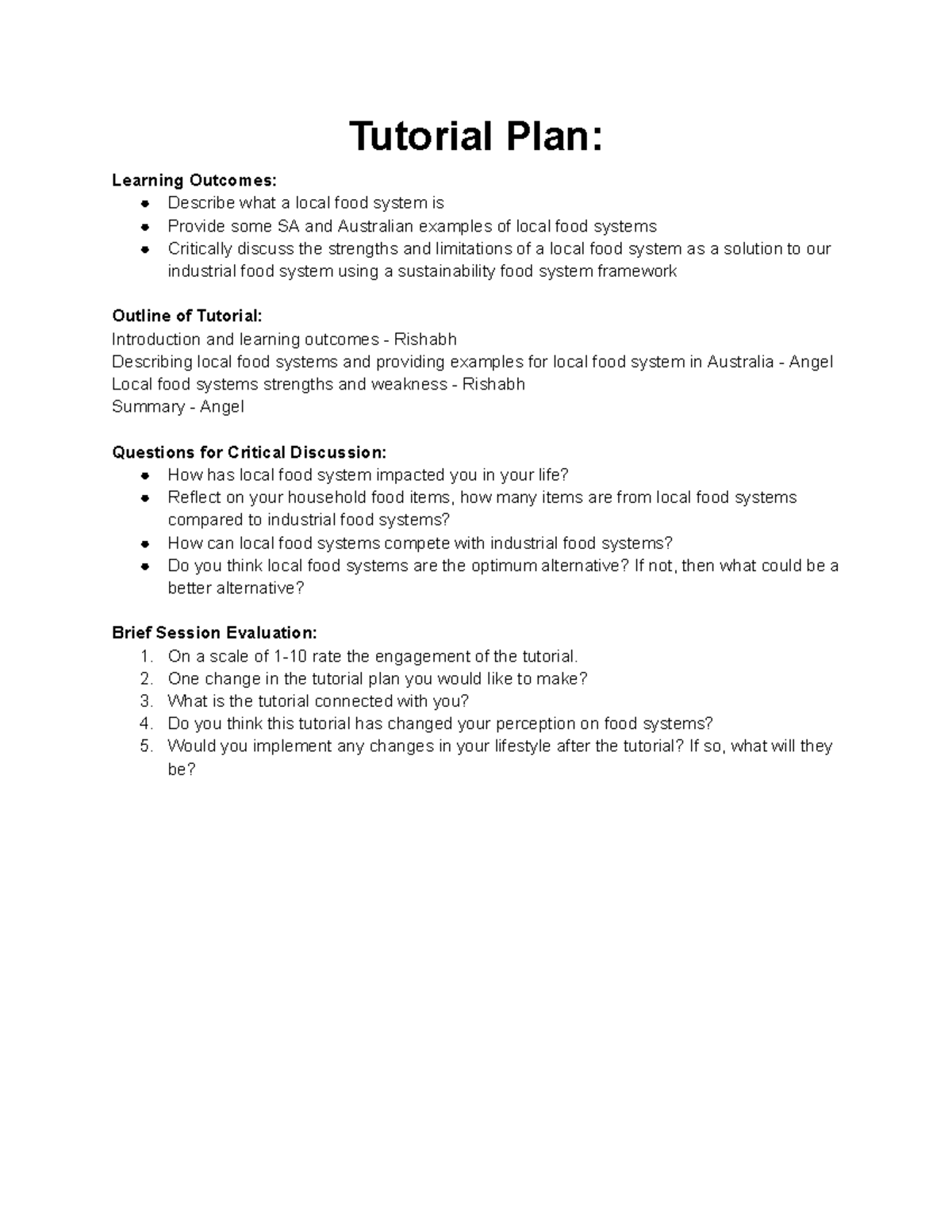 NUTD2105 Tutorial Plan - Tutorial Plan: Learning Outcomes: Describe ...