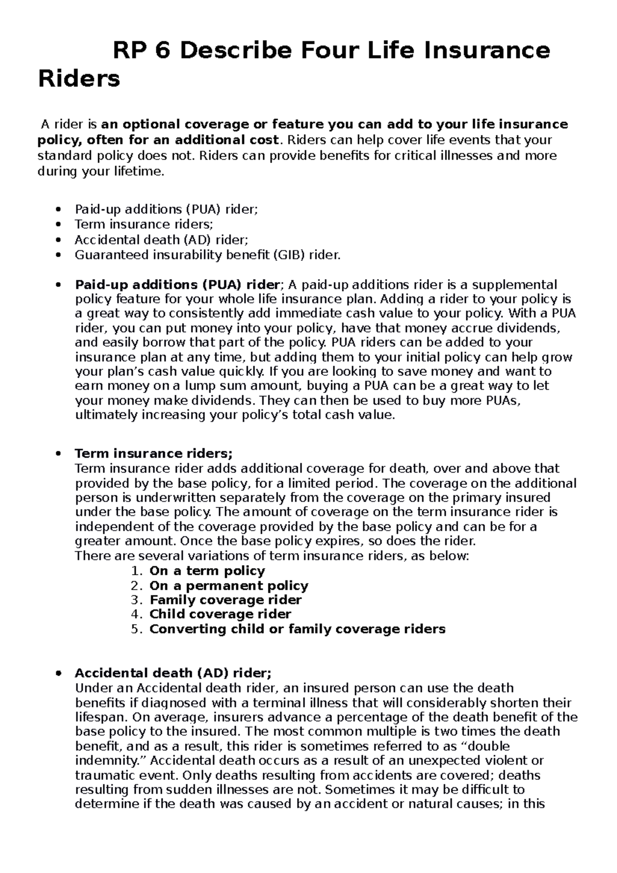 RP 6 Describe Four Life Insurance Riders - Riders can help cover life ...