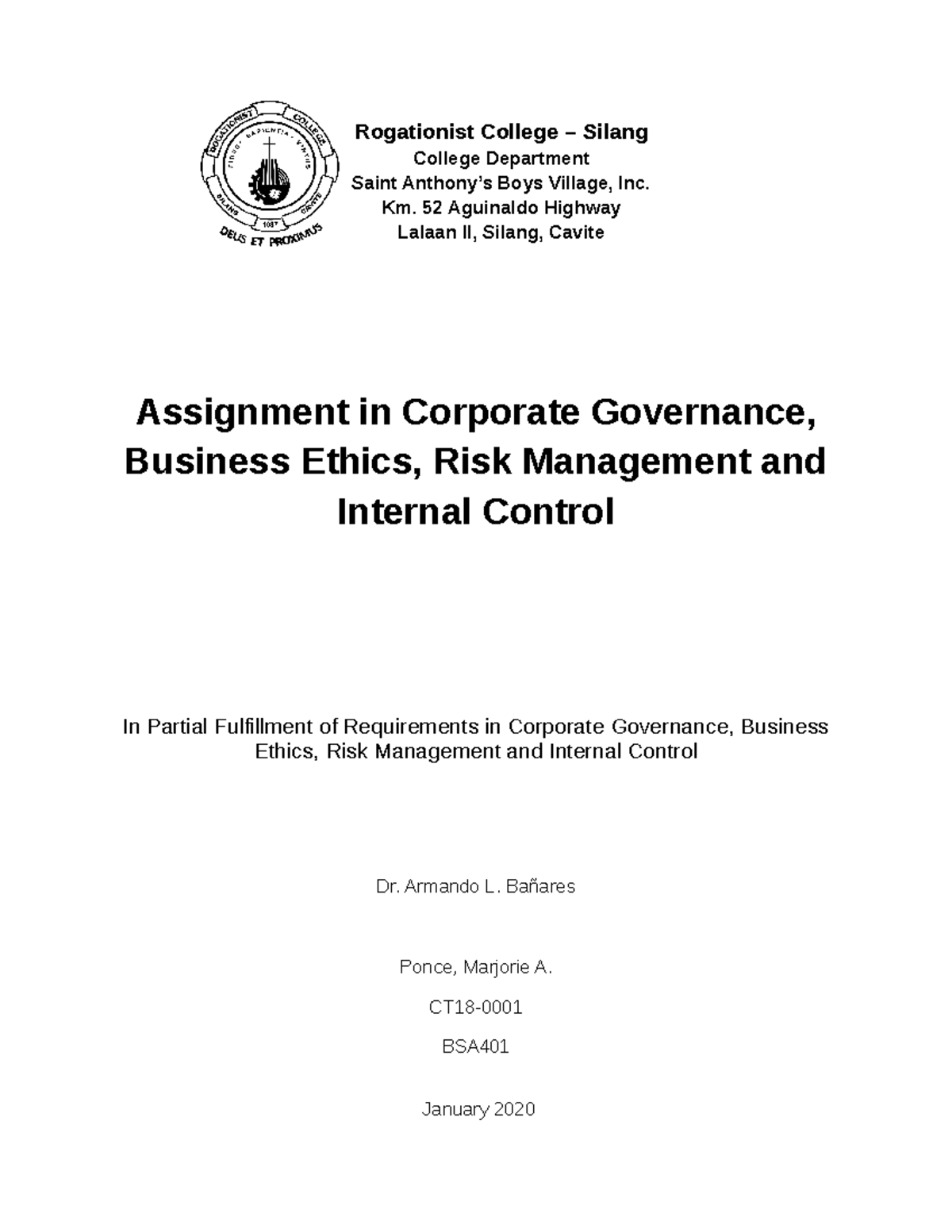 Assignment in Corporate Governance Ponce ll - Assignment in Corporate ...