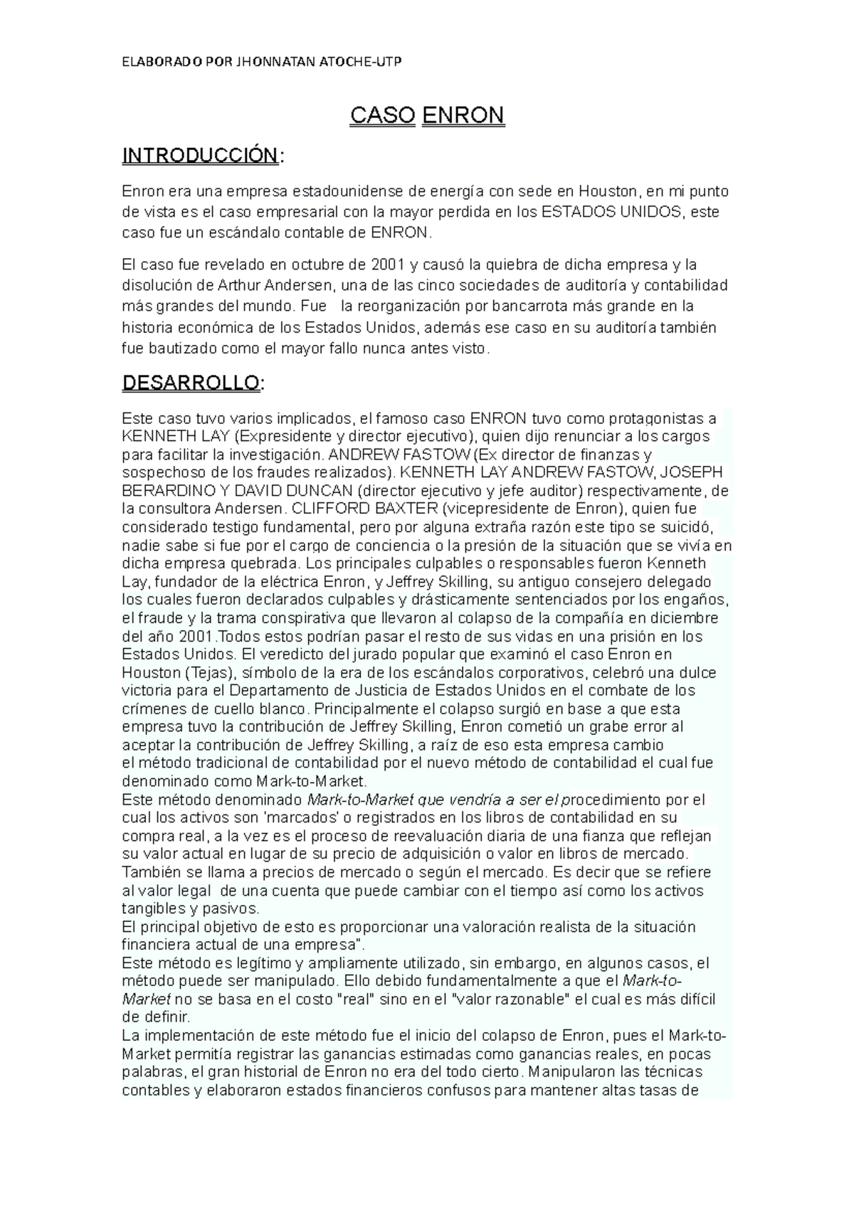 CASO Enron - ELABORADO POR JHONNATAN ATOCHE-UTP CASO ENRON INTRODUCCIÓN ...