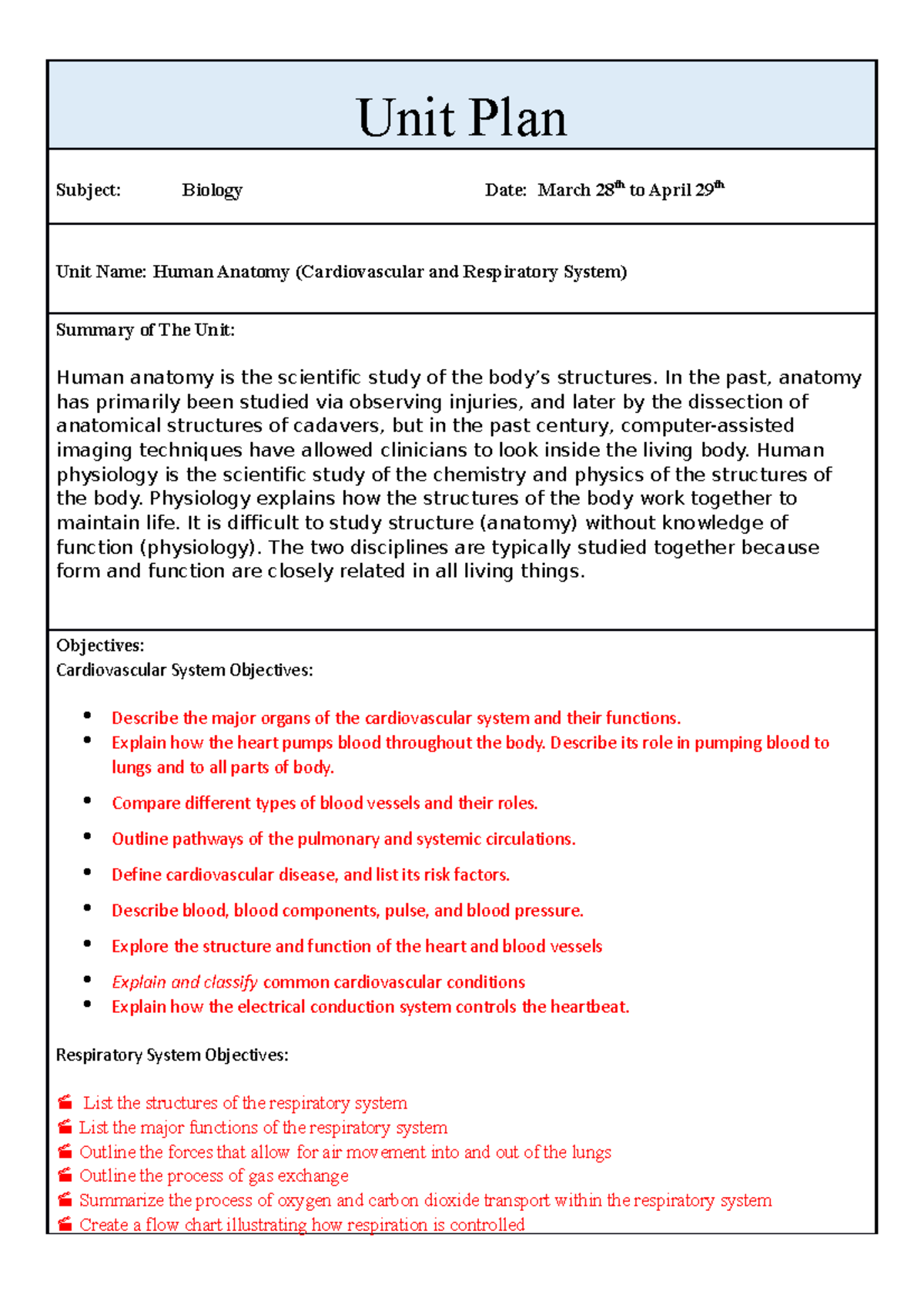 Unit 13 Lesson Plan Human Anatomy (Cardiovascular and Respiratory ...