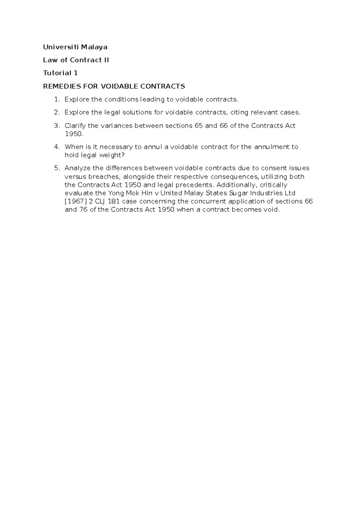 Contract II Tuto 1 - Universiti Malaya Law of Contract II Tutorial 1 REMEDIES FOR VOIDABLE ...