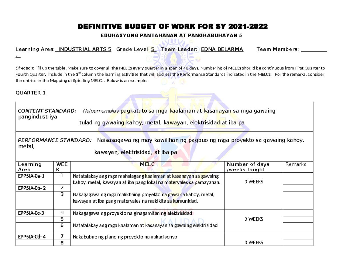 DBOW-IA-5 - misc - DEFINITIVE BUDGET OF WORK FOR SY 2021- EDUKASYONG ...