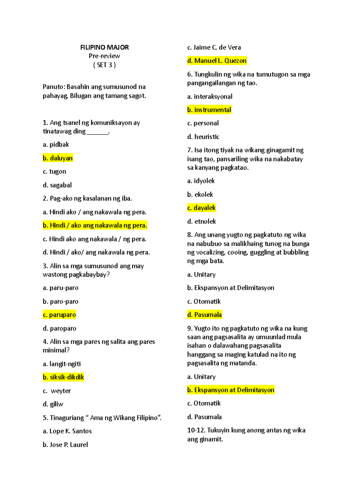 SET3 final - LET REVIEWER - FILIPINO MAJOR Pre-review ( SET 3 ) Panuto ...