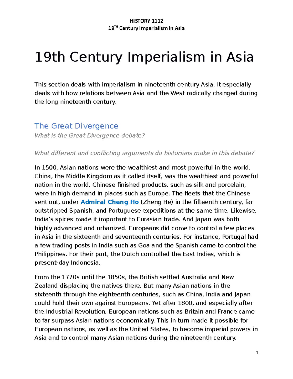 HIST 1112 - 19th Century Imperialism in Asia - 19 TH Century ...