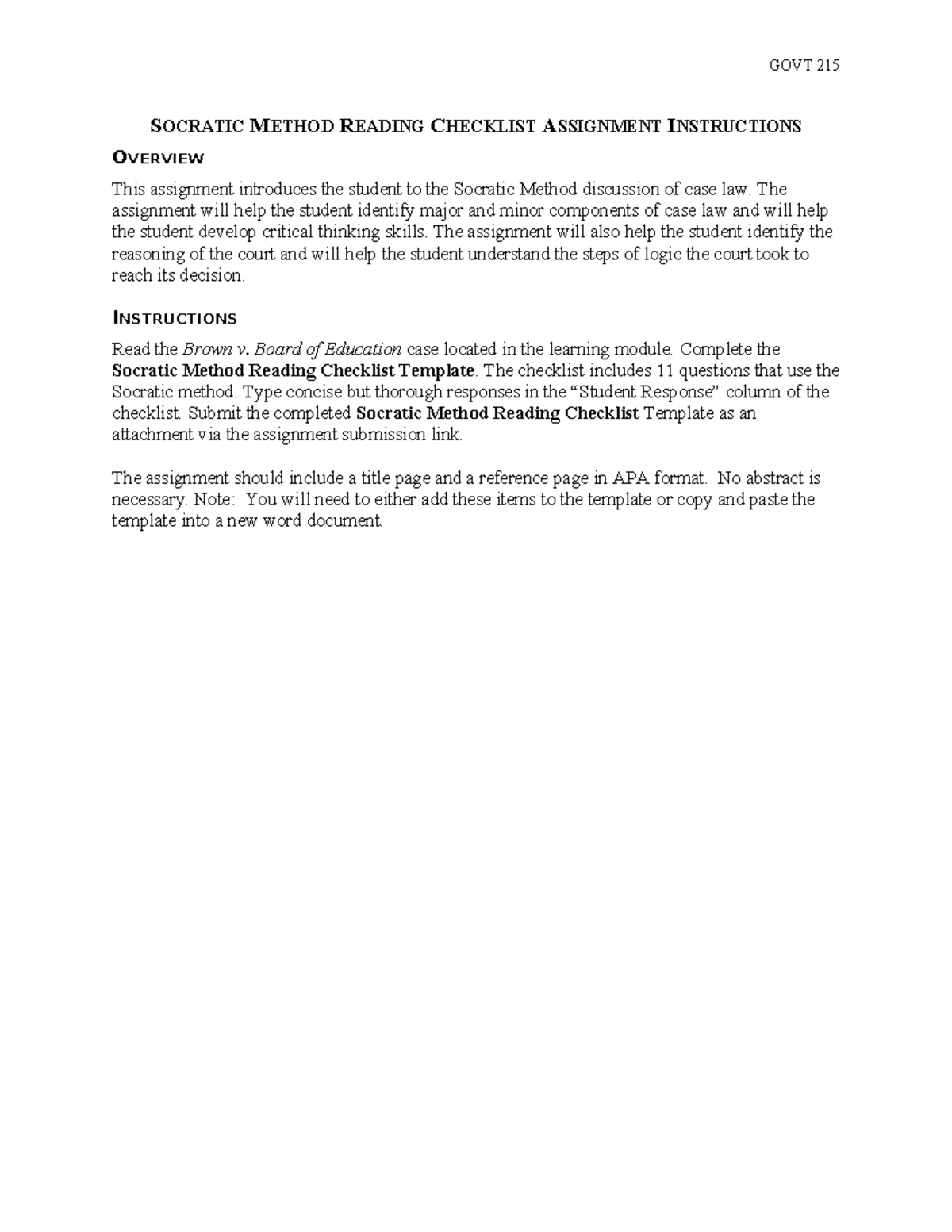 Socratic Method Reading Checklist Assignment Instructions - GOVT 215 ...