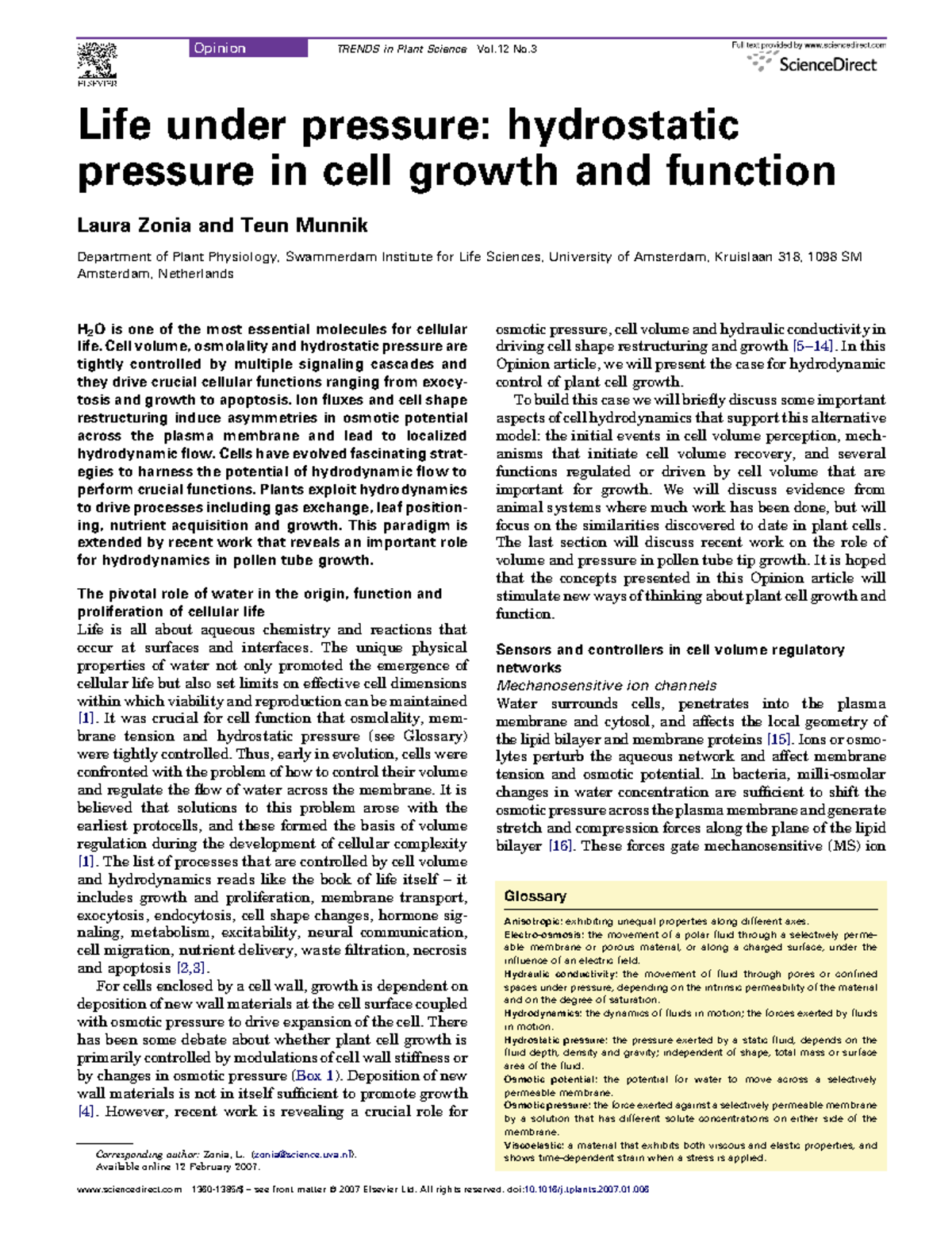 Life under pressure hydrostatic pressure in cell growth and function 1 ...