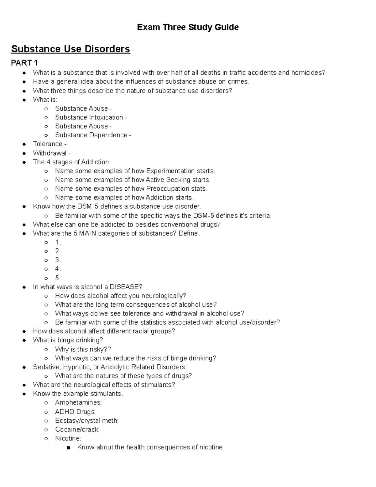 Exam Three Study Guide - Exam Three Study Guide Substance Use Disorders ...
