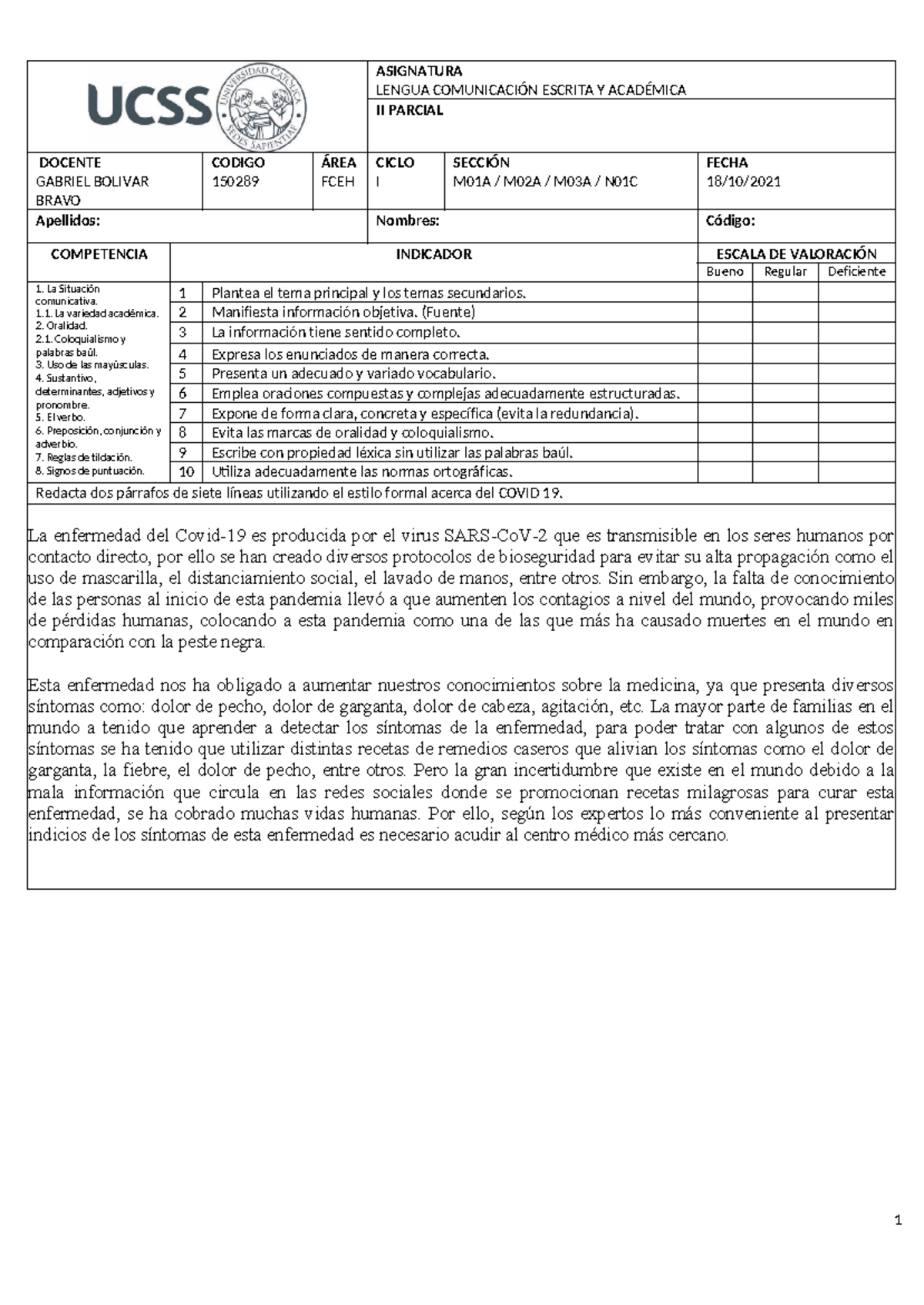 II Parcial (terminado) - ASIGNATURA LENGUA COMUNICACIÓN ESCRITA Y ...
