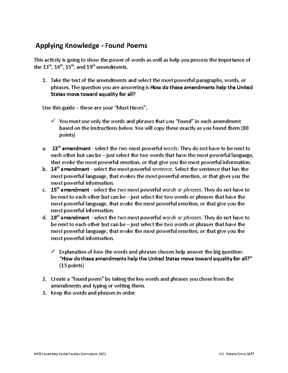 USH Found Poem Directions Unit7 unit 7 unit 7 - Applying Knowledge ...