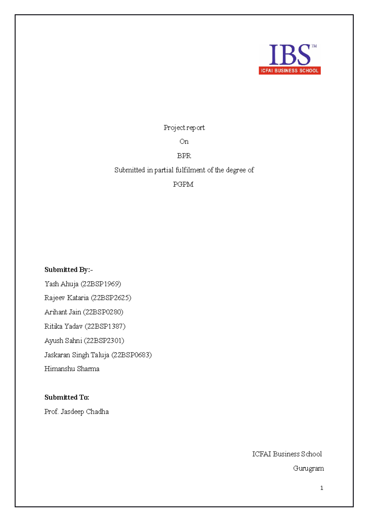 OM report of IBS Gurgaon - Project report On BPR Submitted in partial ...