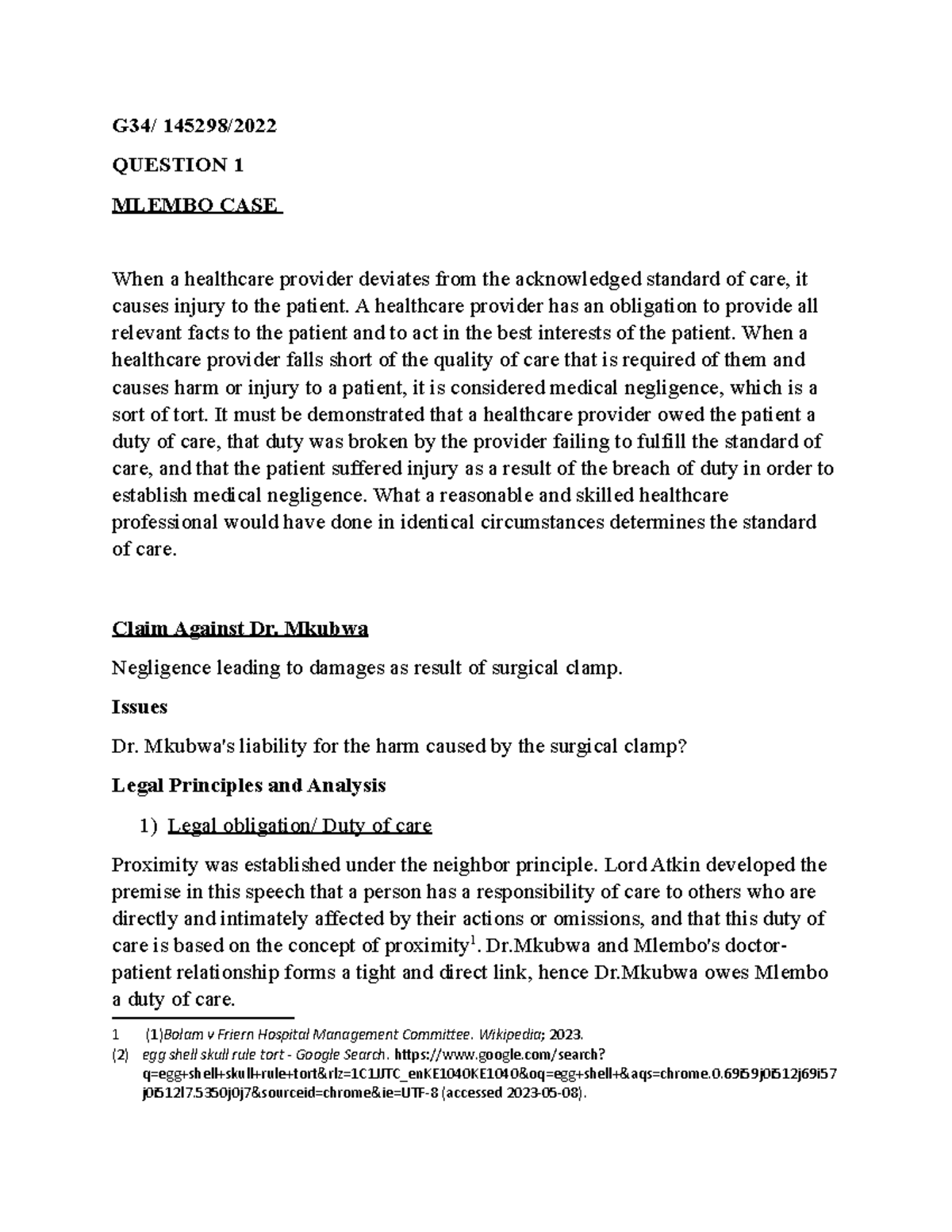 Final MOOT Question Answers - G34/ 145298/ QUESTION 1 MLEMBO CASE When ...