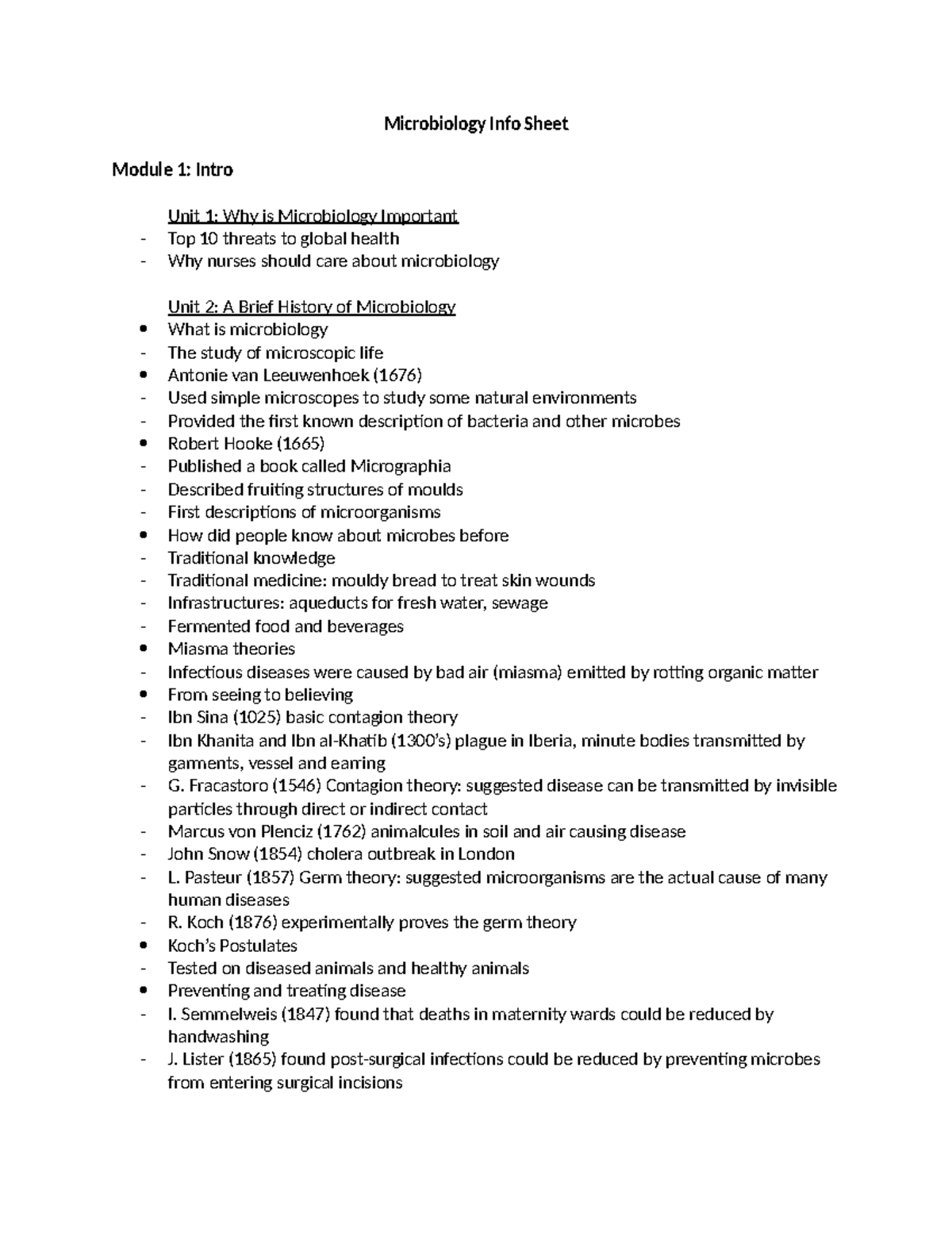 Microbiology Info Sheet - Microbiology Info Sheet Module 1: Intro Unit ...