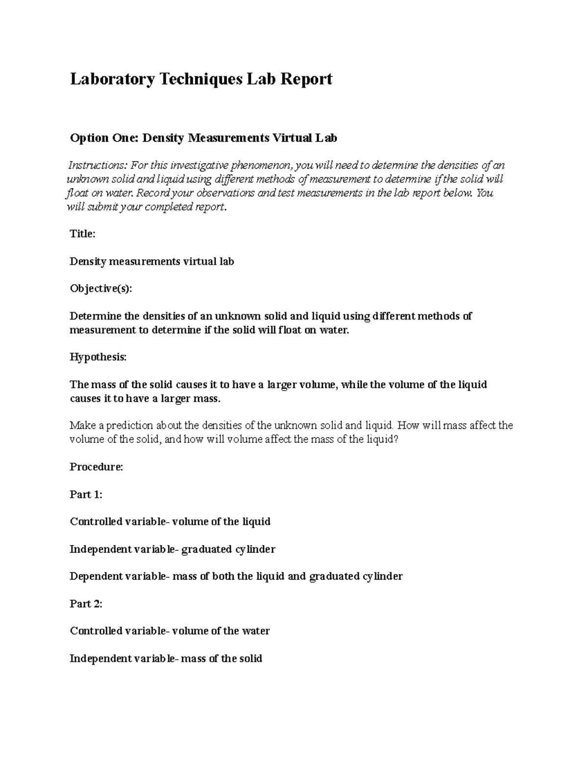 Laboratory techniques option one report (1) - Laboratory Techniques Lab ...