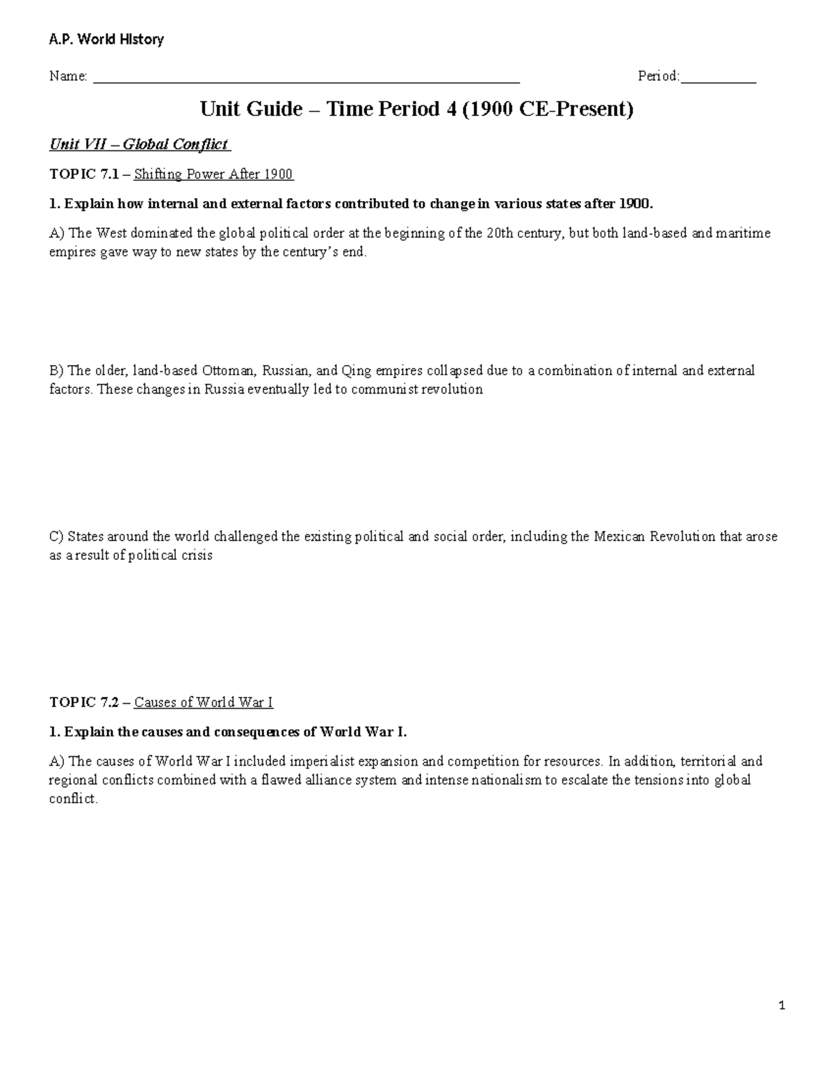 Unit Guide - Period 4 (1900-Present) NEW - Name: - Studocu