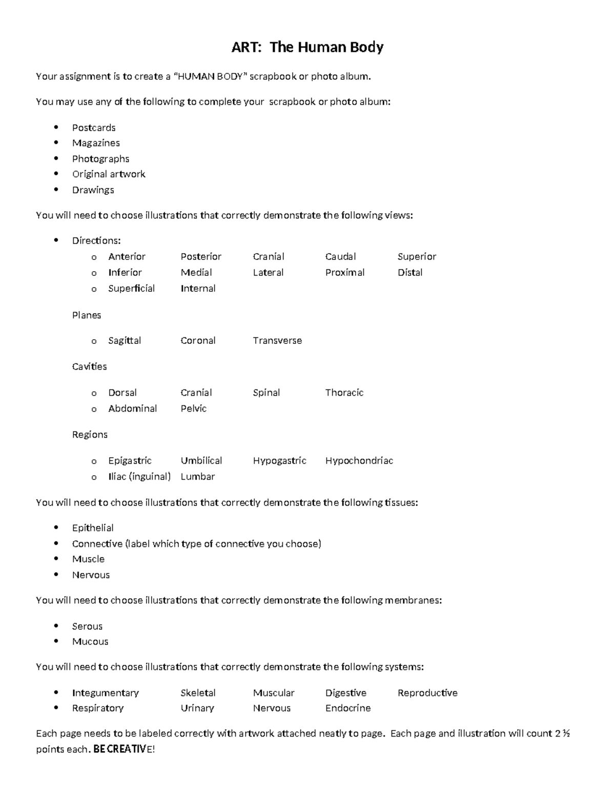 Human body scrapbook - ART: The Human Body Your assignment is to create ...