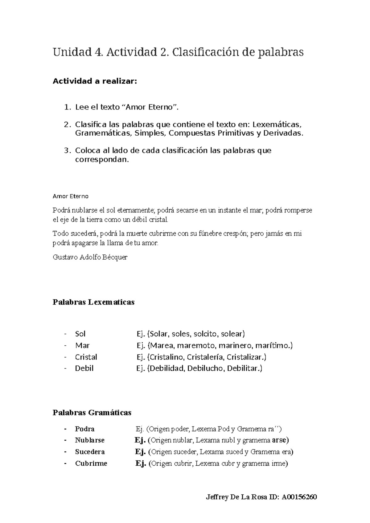 Unidad 4 Actividad 2 Clasificacion de la palabra - Unidad 4. Actividad ...
