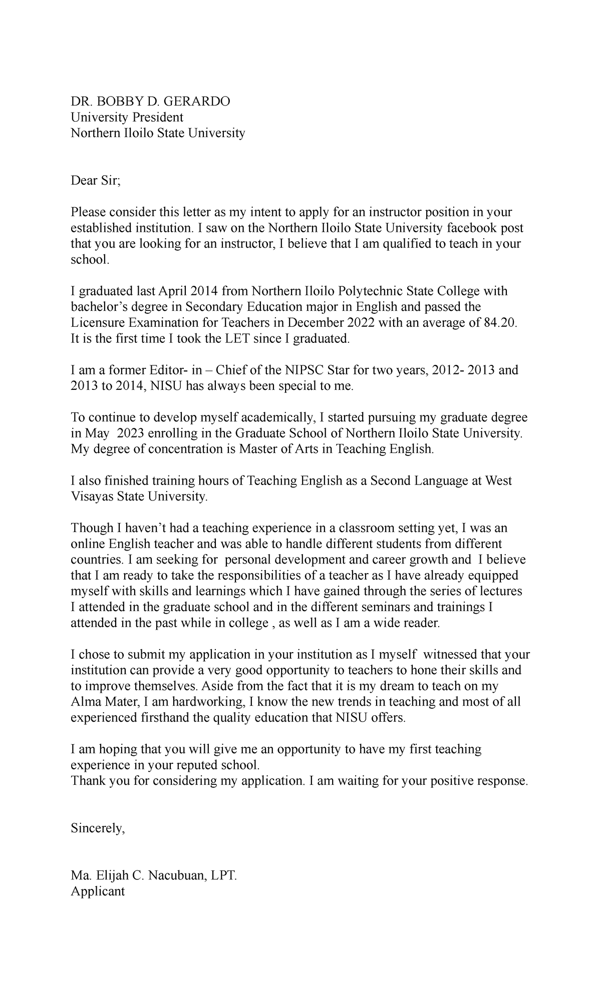 Elai Application letter - DR. BOBBY D. GERARDO University President ...